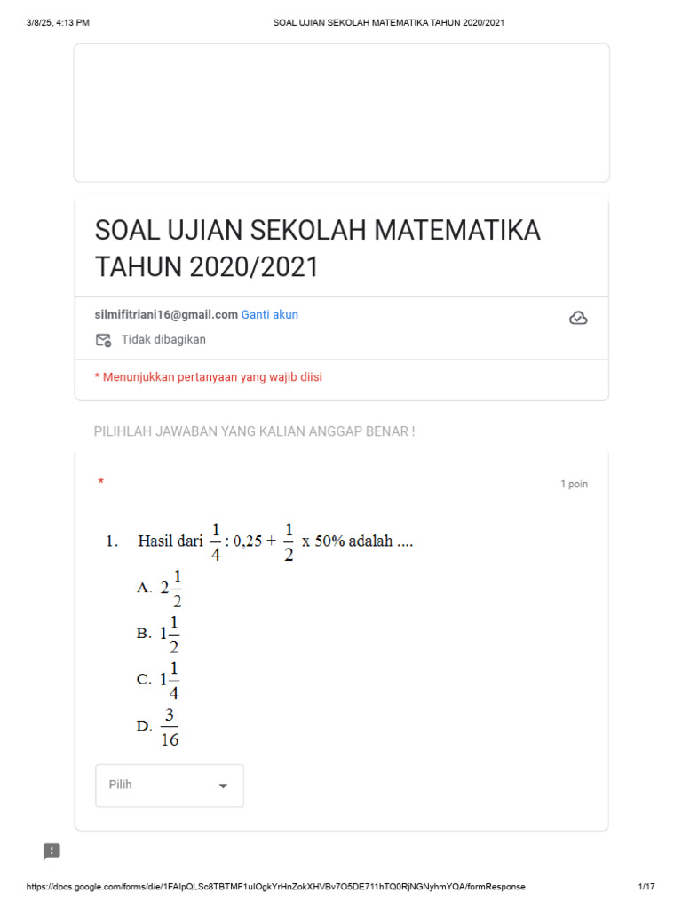 Soal Ujian Sekolah Matematika Tahun 2020 - 2021 | PDF
