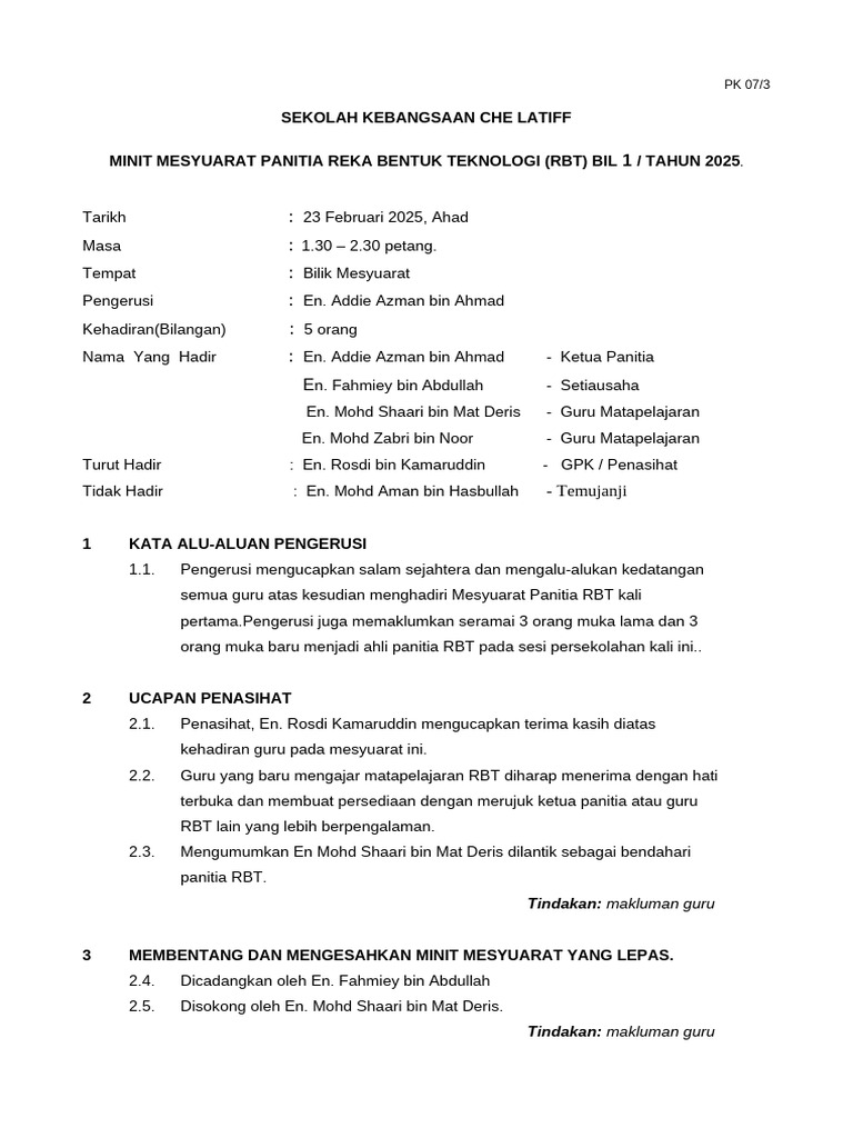 Minit Mesyuarat Panitia RBT Kali 1 2025 | PDF