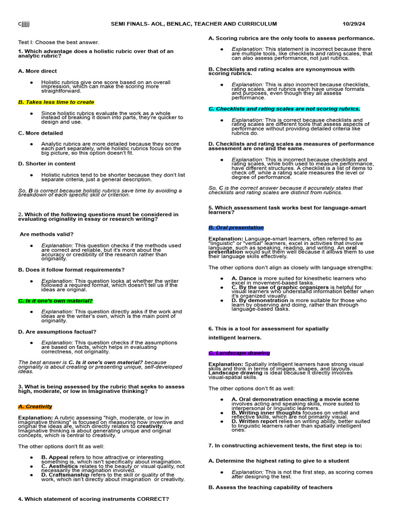 Semi Finals- Aol, Benlac, Teacher and Curriculum | PDF | Multiple ...