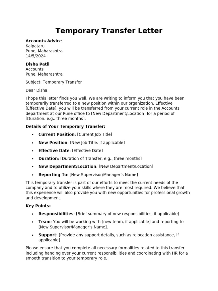 Temporary Transfer Letter | PDF | Business