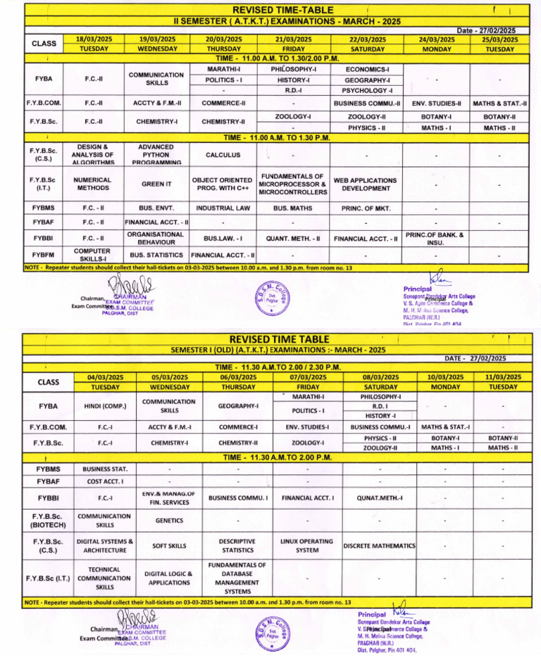 Revised Sem I (OLD) and Sem II (OLD) ATKT Timetable March 25 | PDF