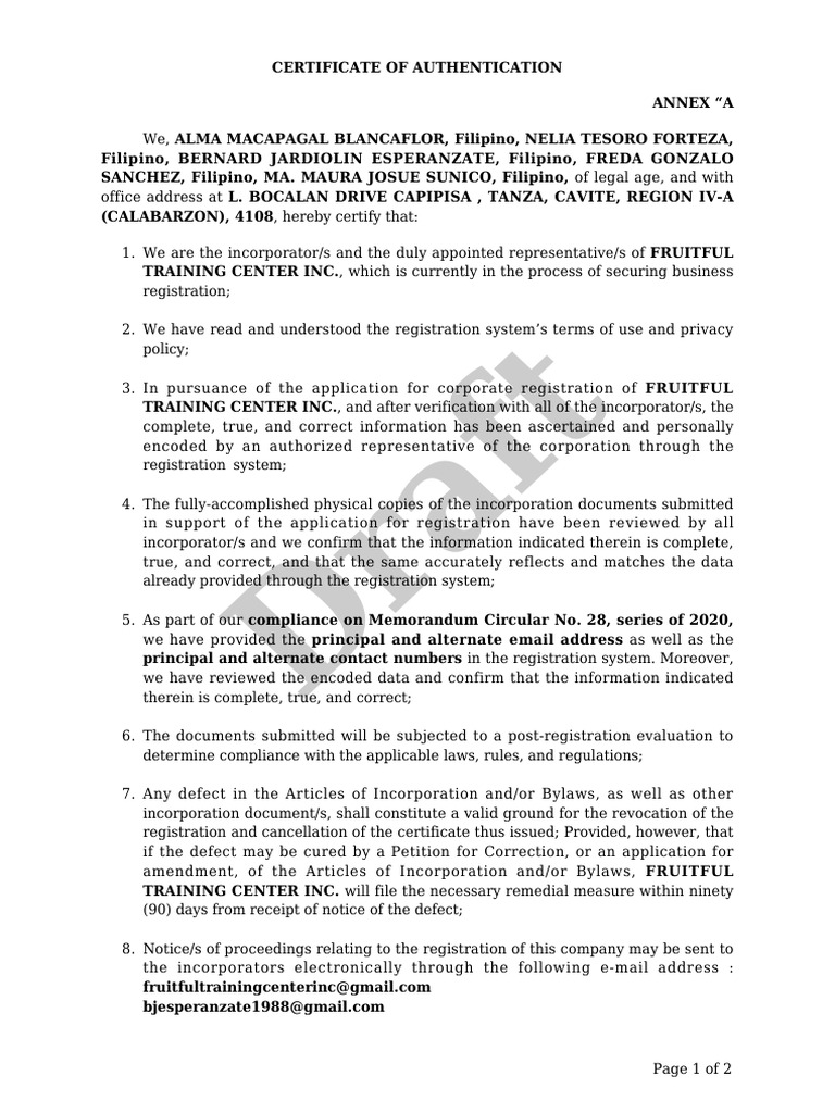 Certificate of Authentication for Incorporation | PDF | Articles Of ...