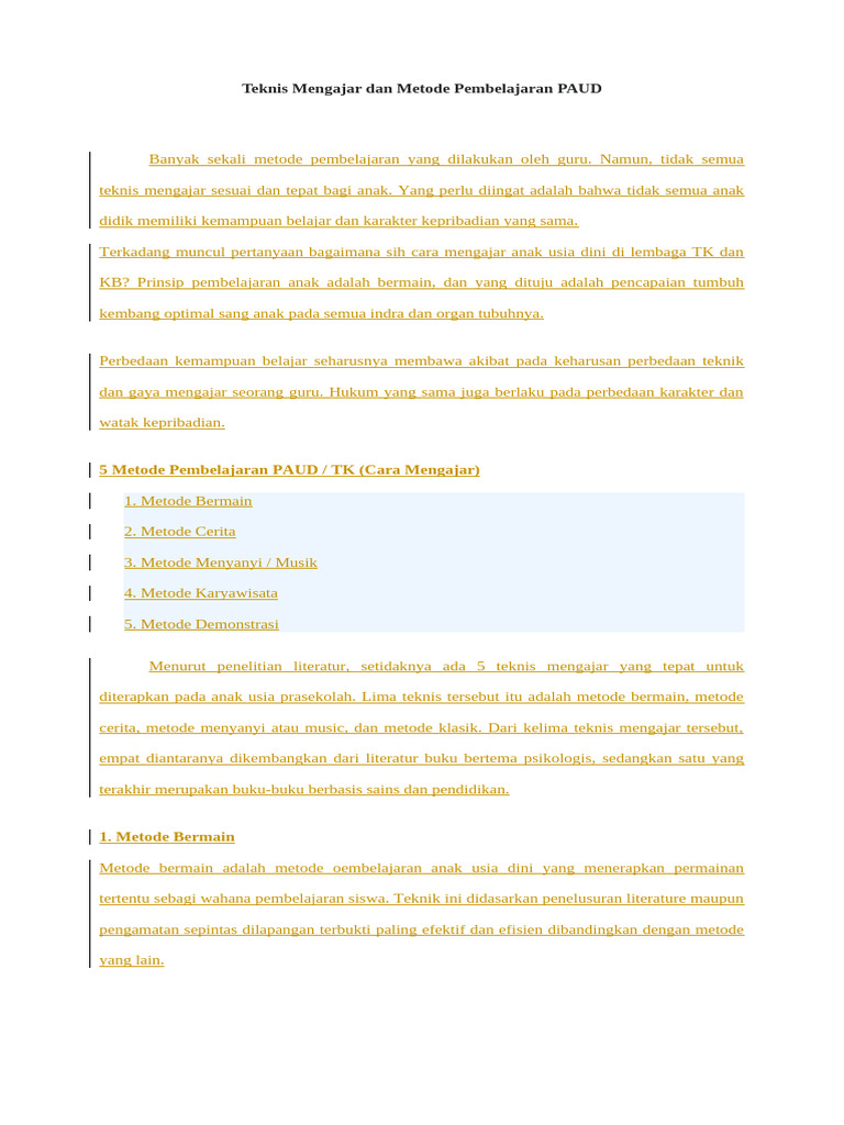 5 Teknis Mengajar Dan Metode Pembelajaran PAUD | PDF