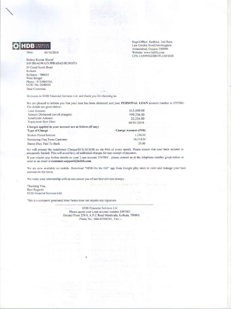 Vishnu Saraf HDBF Sanction Letter | PDF