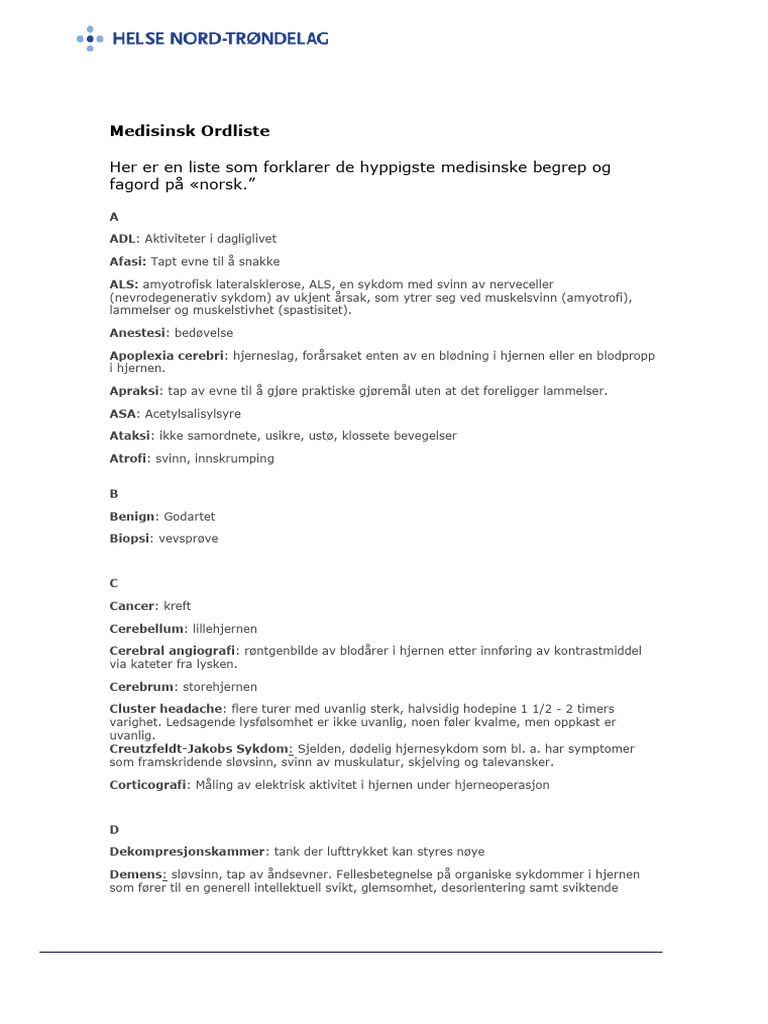 Medisinsk Ordliste Nevrologisk Avd | PDF
