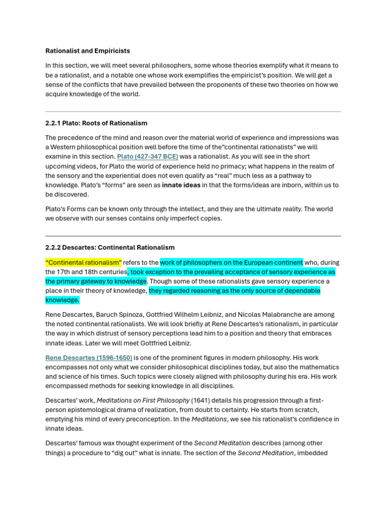 Rationalist and Empiricists | PDF | Rationalism | A Priori And A Posteriori