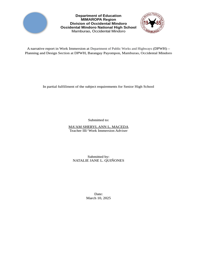 Work Immersion Report at DPWH | PDF | Science, Technology, Engineering ...