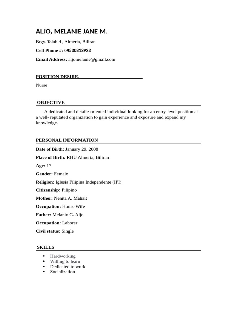 Melanie Jane Aljo Resume | PDF