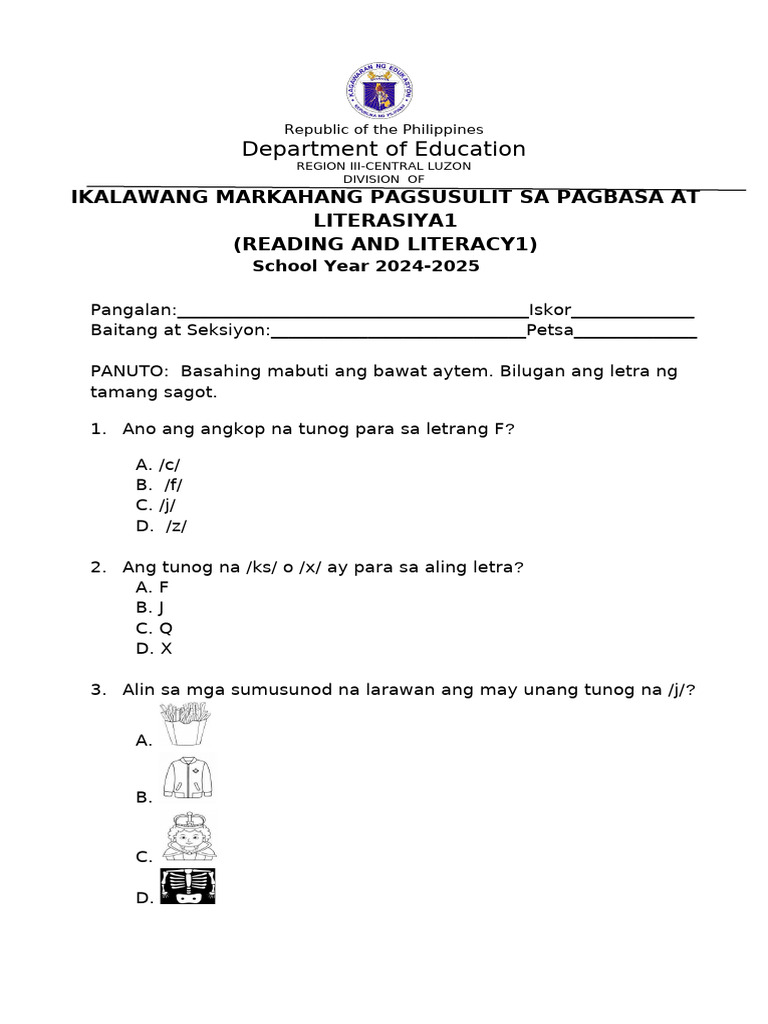 2ND Quarter Test-Tagalog-Reading and Literacy - Grade 1 | PDF