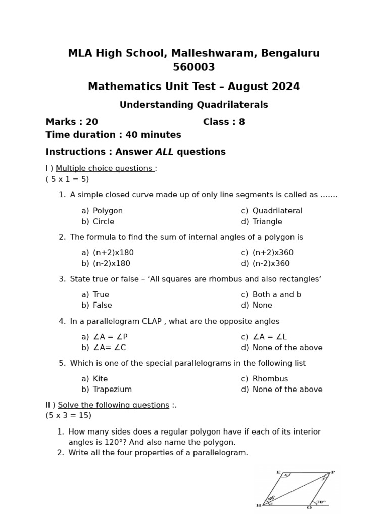Mathematics Unit Test 8 | PDF