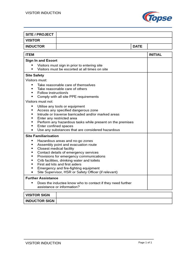 SS WHS SAF 000 Visitor Induction | PDF