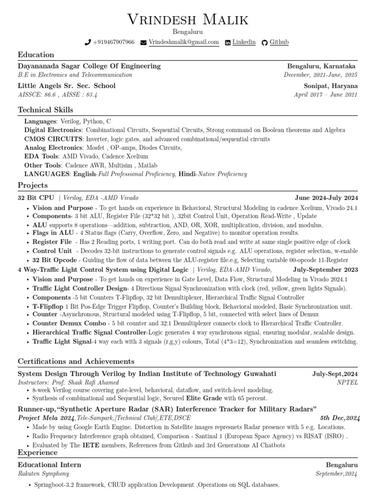 Vridesh Malik Resume - VLSI | PDF | Electronics | Logic Gate