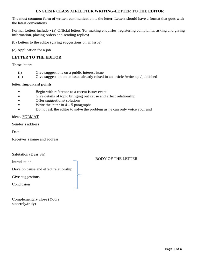 Class 12 Letter To Editor | PDF