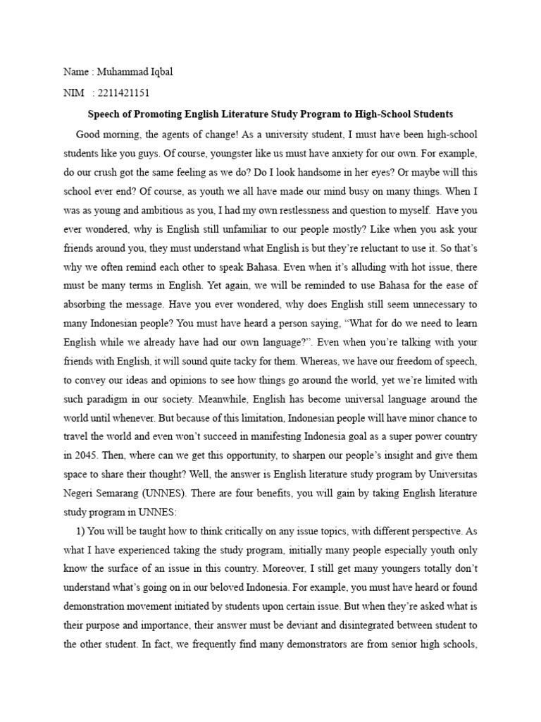 Muhammad Iqbal - 2211421151 - English Literature Promotion Speech Script | PDF | Thought ...