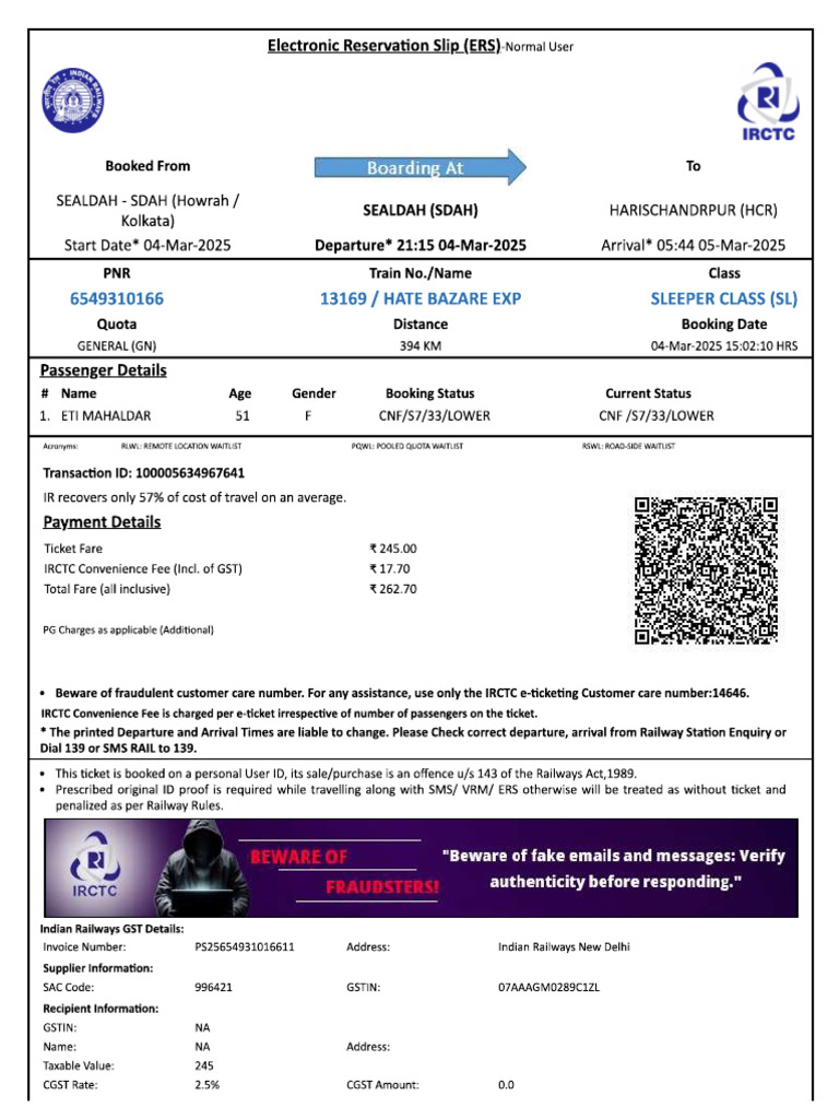 Sample Online IRCTC Ticket | PDF