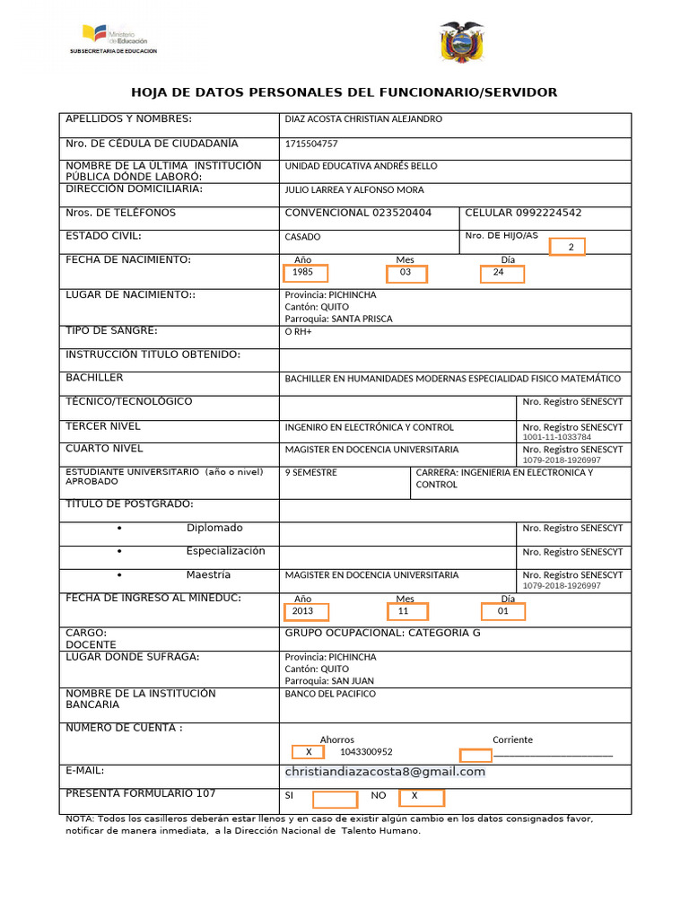HOJA DE DATOS PERSONALES | PDF
