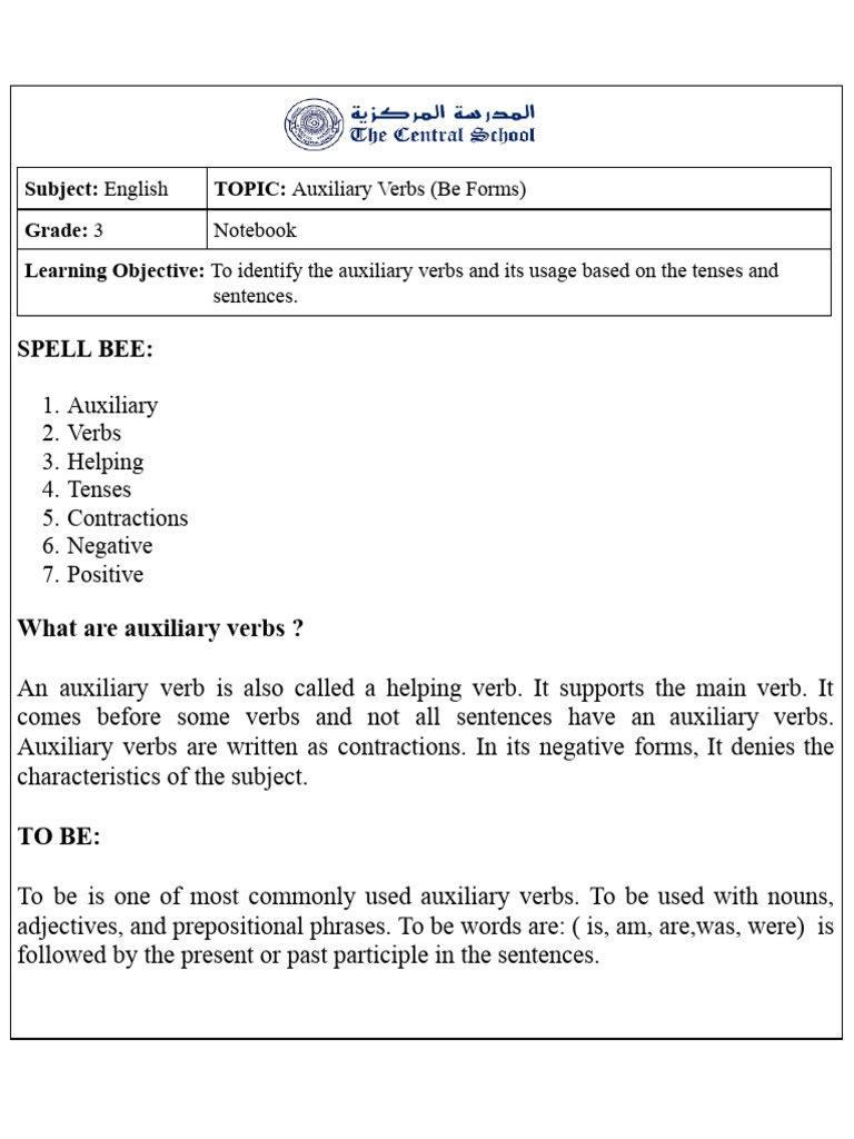 GR.3, Auxiliary Verbs. Study Notes. 2024-25 | PDF