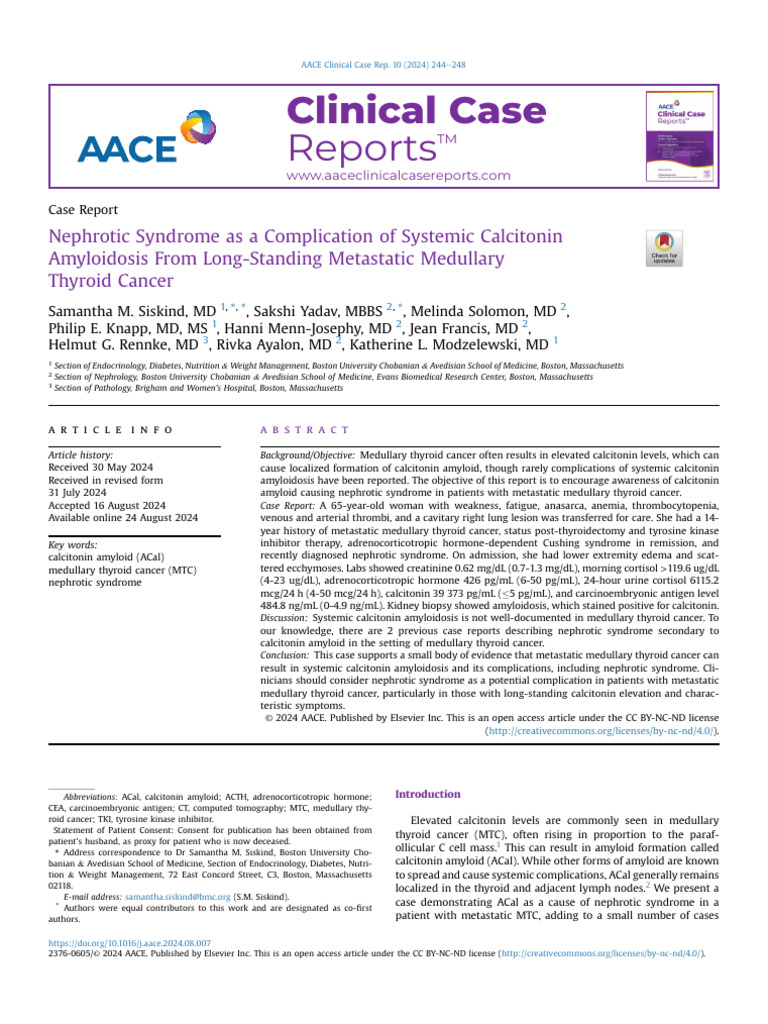 Nephrotic Syndrome As A Complication of Systemic Calcitonin 2024 AACE ...