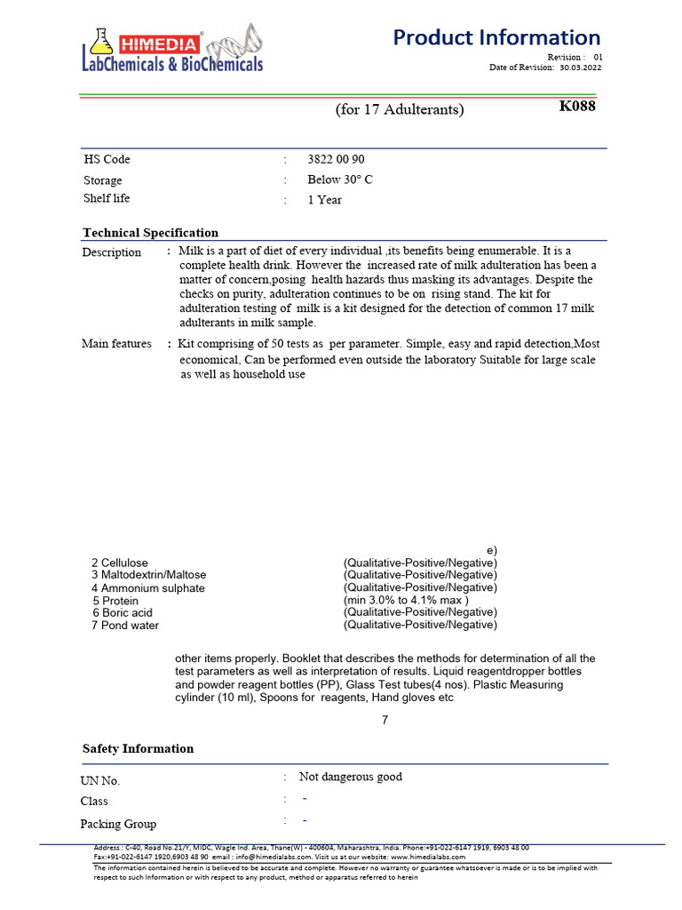 Milk Test Kit Product Information | PDF | Milk | Chemical Substances