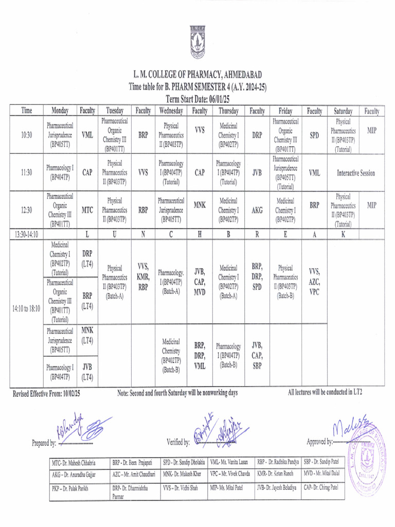 B.Pharm Sem-4 Time Table | PDF | Chemistry | Therapy