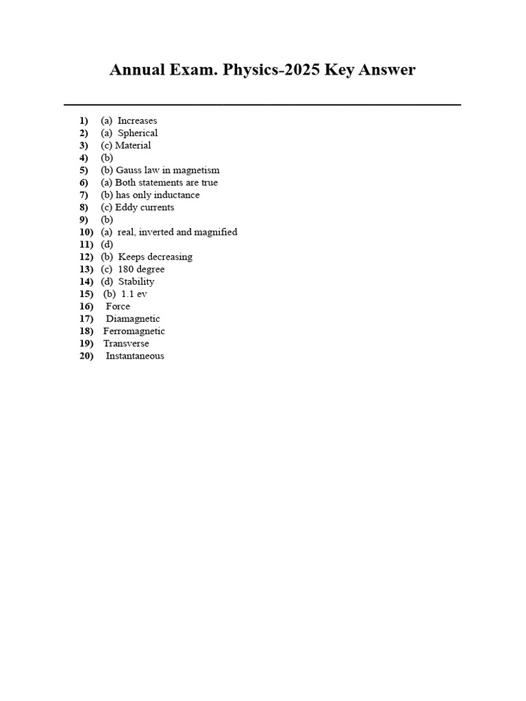 Annual Exam 2025 Physics Key Answers | PDF