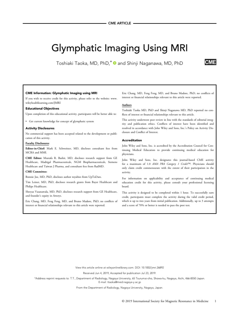 Glymphatic Imaging Using MRI | PDF | Cerebrospinal Fluid | Magnetic ...