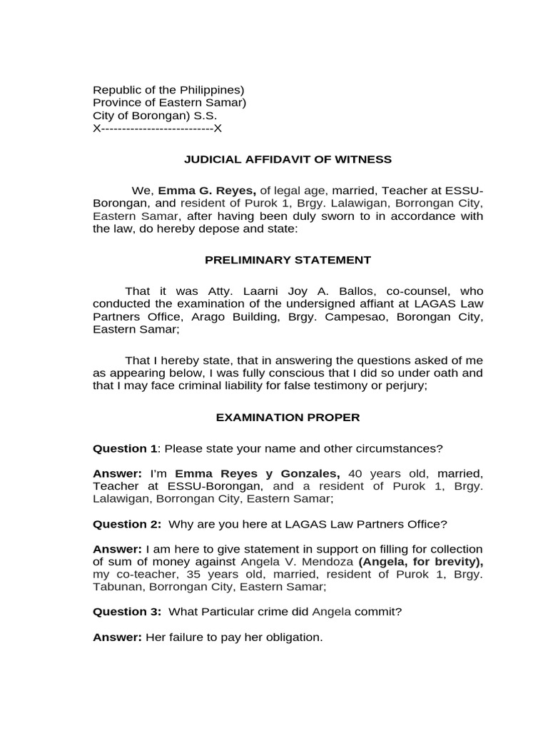JUDICIAL AFFIDAVIT OF WITNESSES Emma Reyes y Gonzales | PDF | Affidavit | Evidence