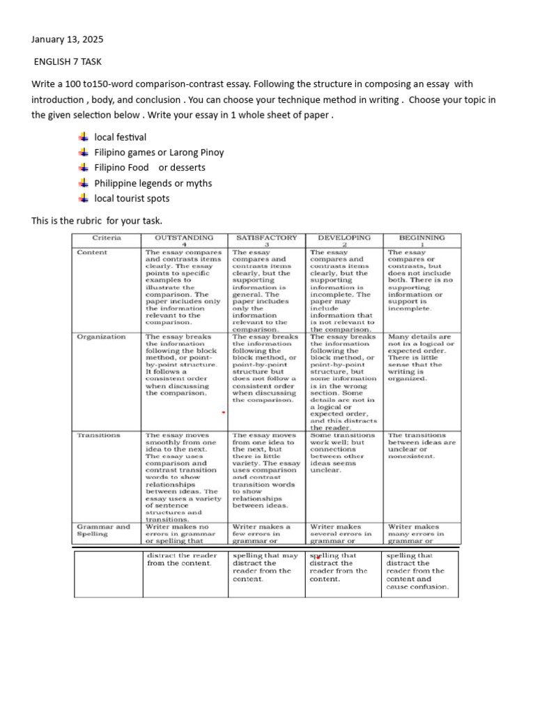 January 13 GRADE 7 ENGLISH TASK | PDF