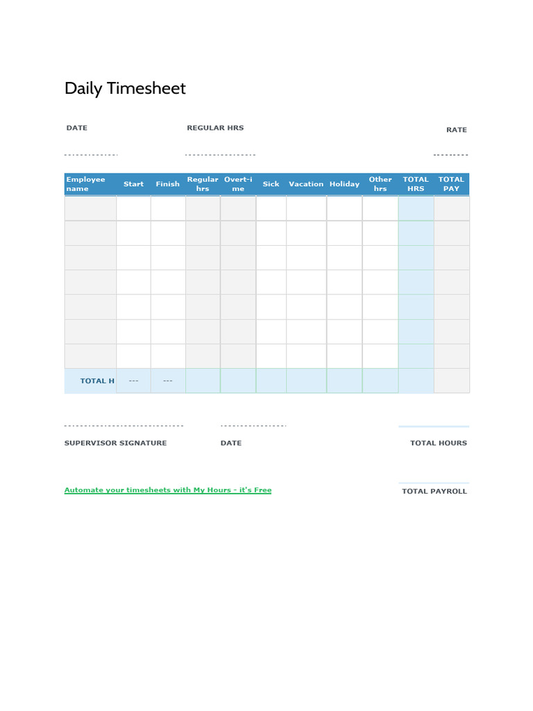 Daily Timesheet Template - My Hours | PDF