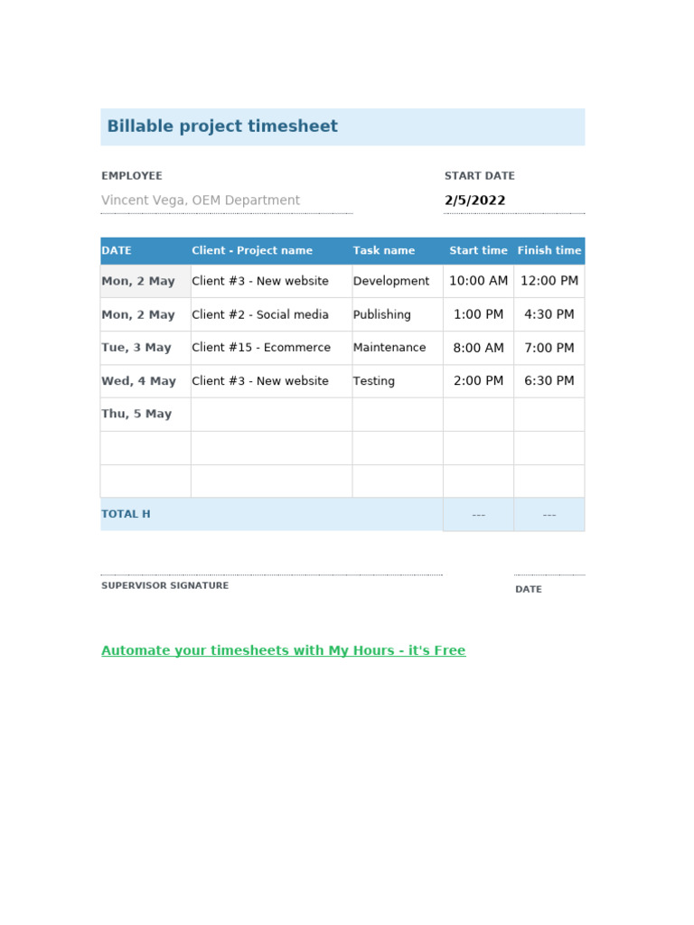Billable Project Timesheet Template - My Hours NEW VERSION 2025 | PDF ...
