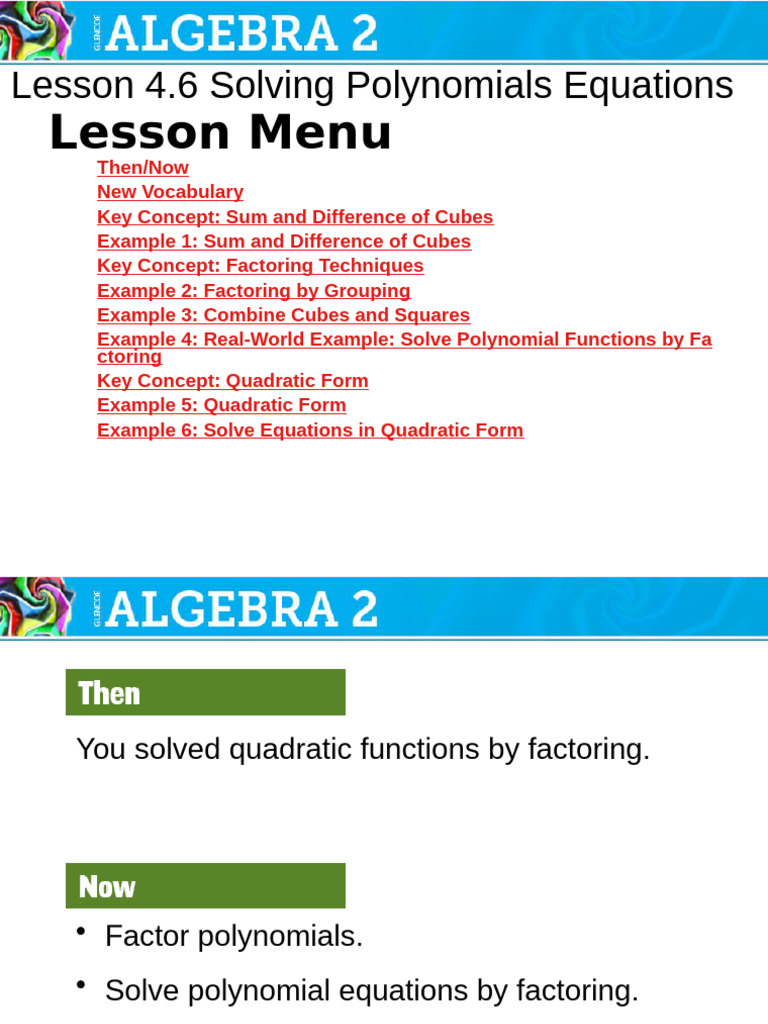Lesson 4.6 Presentation Solving Polynomial Equations New Copy | PDF | Factorization | Polynomial