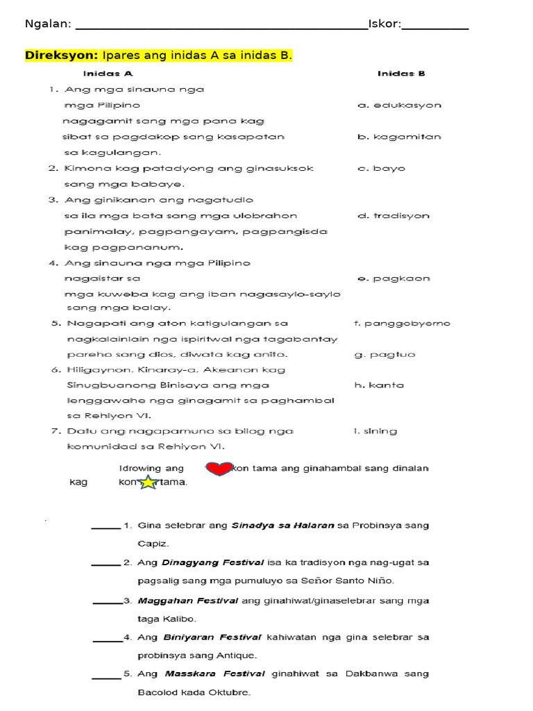 Direksyon:: Ngalan: - Iskor: - Ipares Ang Inidas A Sa Inidas B | PDF