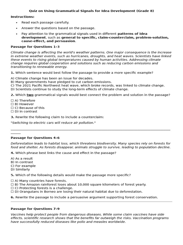 Quiz On Using Grammatical Signals For Idea Development | PDF | Climate Change | Renewable Energy