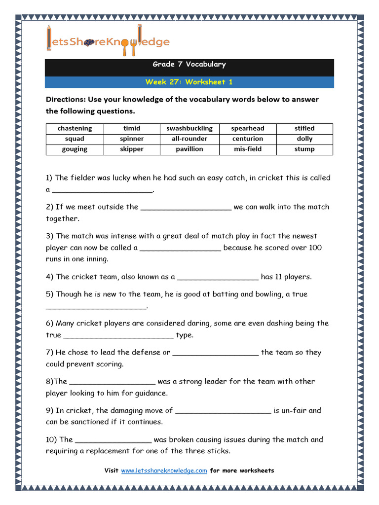 Grade 7 Vocabulary Week 27 Printable Worksheet 1 | PDF