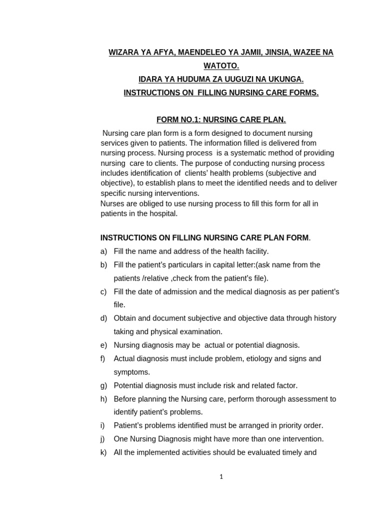 Nursing Care Form Filling Instructions | PDF | Patient | Hospital