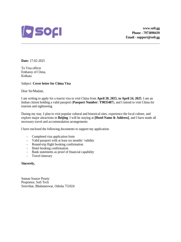 China Tourist Visa Cover Letter Sample | PDF