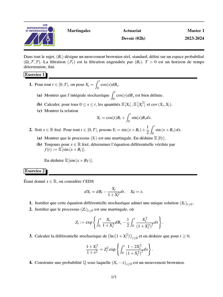 22-24 Devoir Martingales M1 Actuariat UFRMI-UFHB | PDF | Mouvement ...