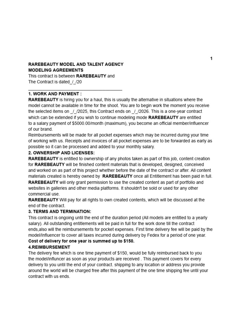 RareBeauty Modeling Contract Details | PDF | Fee | Payments
