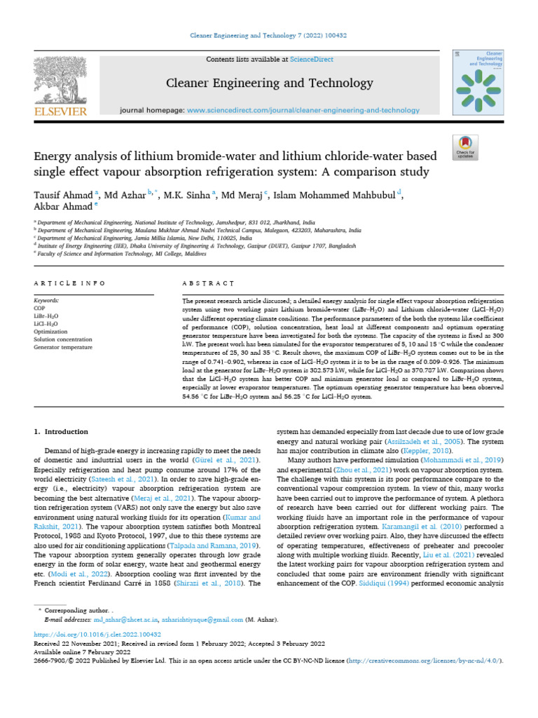 Energy Analysis of Lithium Bromide Water and Lithium Chlo - 2022 - Cleaner Engin | PDF ...