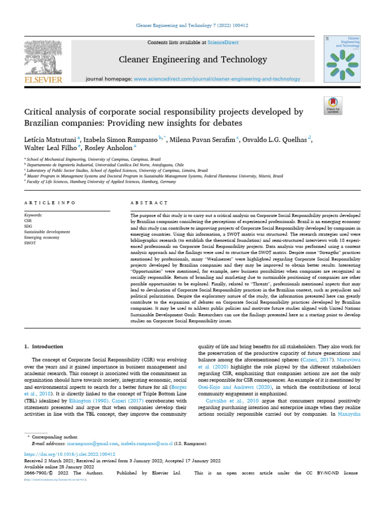 Critical Analysis of Corporate Social Responsibility Pro - 2022 ...