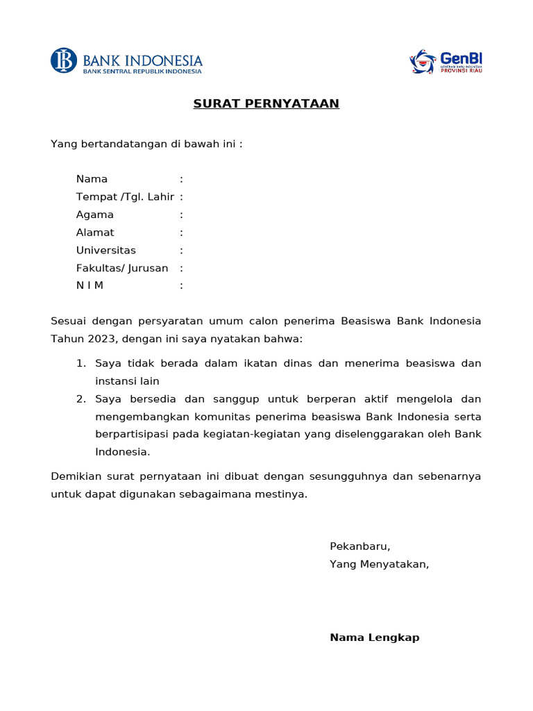 Surat Pernyataan Genbi 2023 | PDF