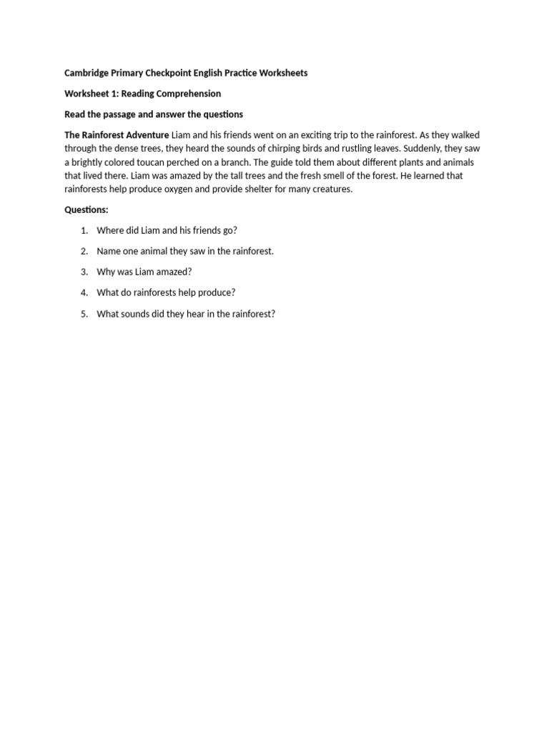 Cambridge Primary Checkpoint English Practice Worksheets1 | PDF