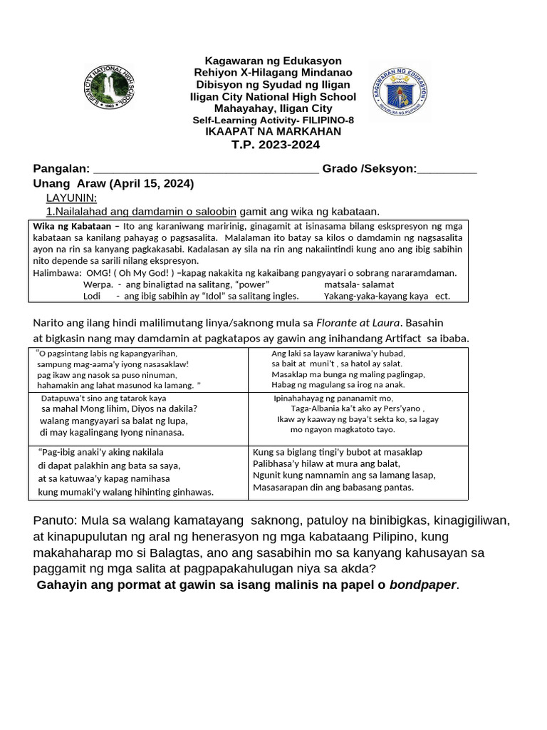 Learning Activity Filipino 8 4th Kwarter April15 162024 | PDF