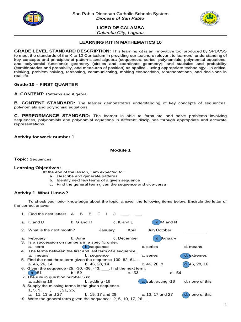 q1w1 Math 10 Habacon Eavion Troa S | PDF | Equations | Mathematics