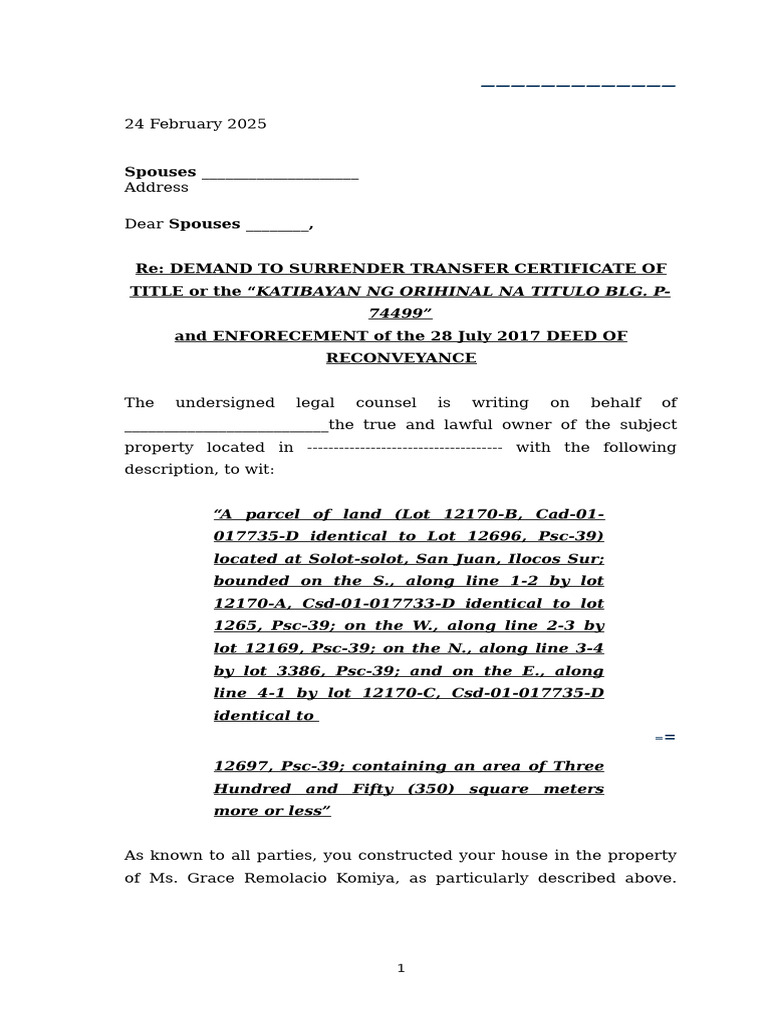 Sample Demand Letter To Surrender TCT | PDF | Justice | Crime & Violence