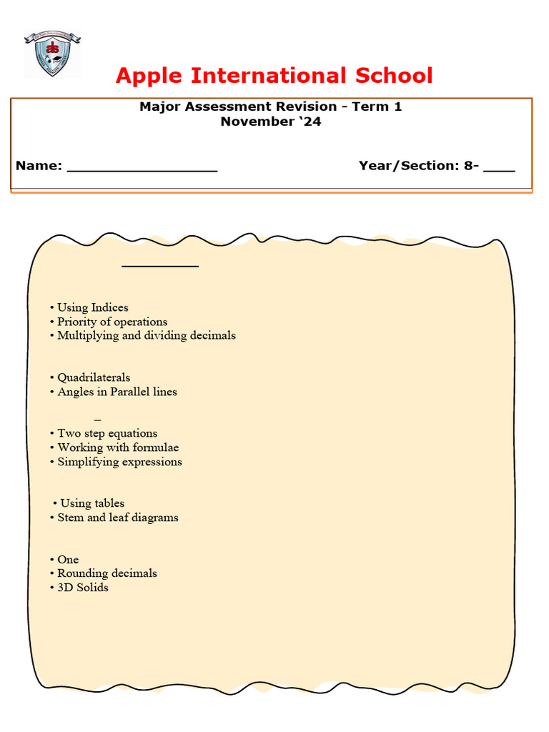 Year 8 - Math Revision Worksheet MA1 - 2024 | PDF | Euclidean Geometry ...