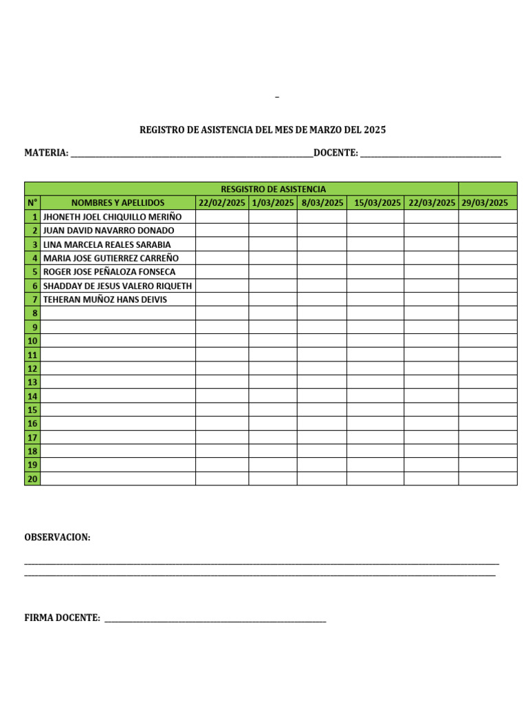 Planilla Resgistro de Asistencia | PDF