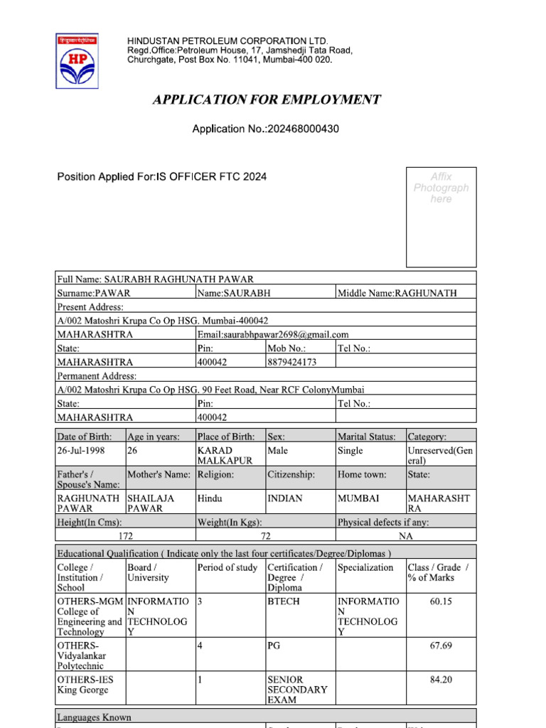 HPCL Application Form Online | PDF