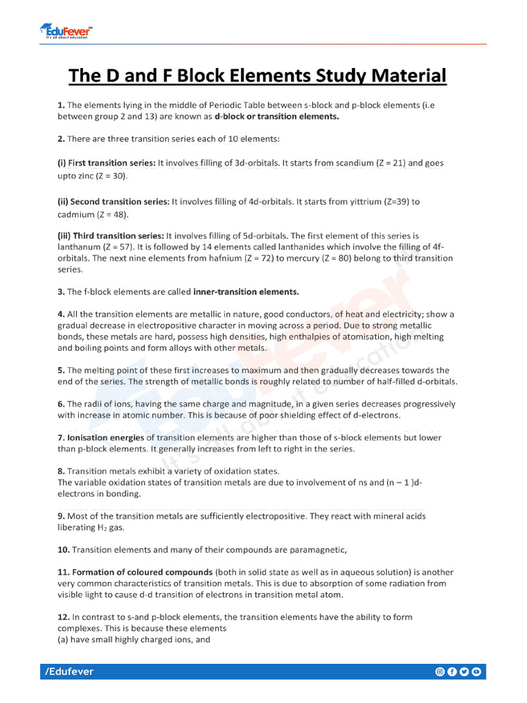 Chapter-8 The D and F Block Elements Notes | PDF