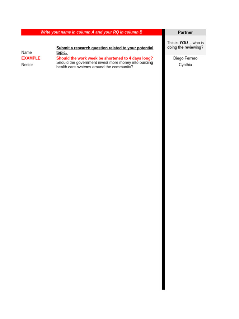 Write Yout Name in Column A and Your RQ in Column B: Submit A Research Question Related To Your ...